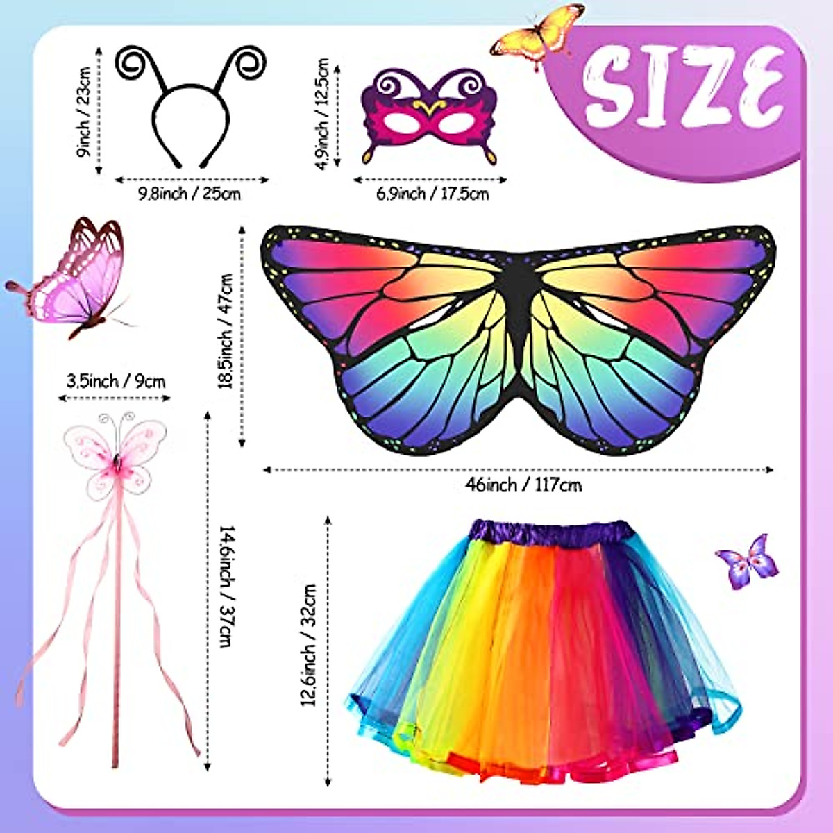 Kids Butterfly Costume Rainbow Tutu Dress for Girls, Eye Covering, Antenna Headband Fairy Wand for Christmas Girls Gift Party (Multicolor)