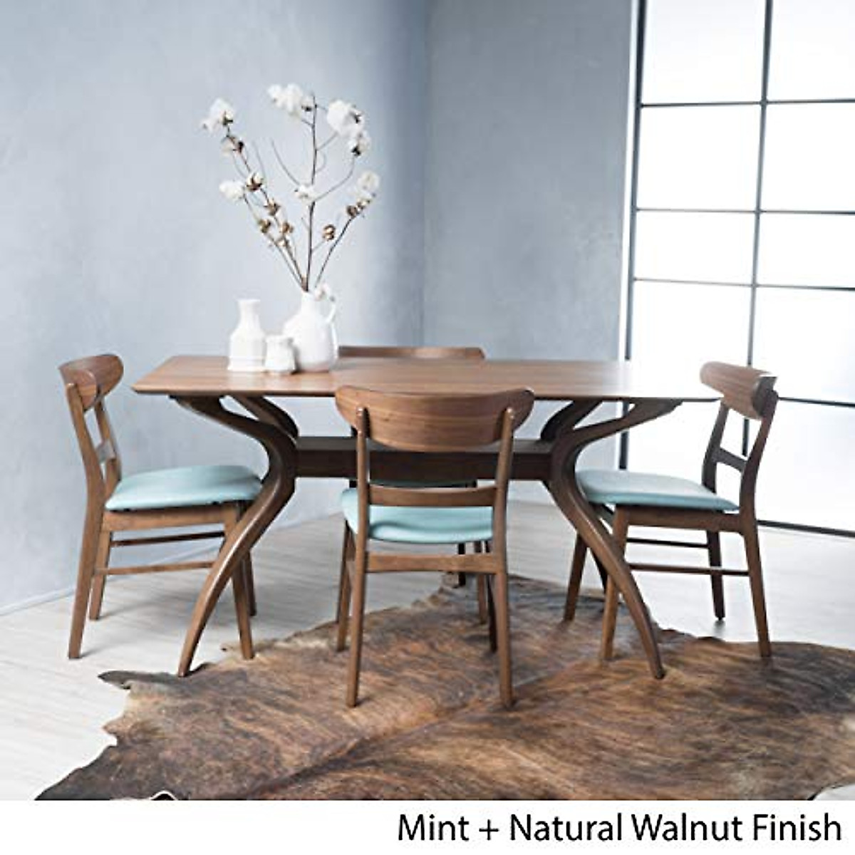 Christopher Knight Home Idalia Curved Leg Rectangular Dining Set, 5-Pcs Set, Natural Walnut / Mint