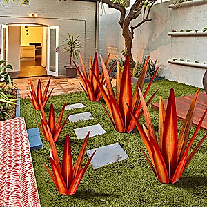 KODIBO Large Tequila Rustic Sculpture, Rustic Metal Agave Plants for Outdoor Patio Yard, Home Decor Hand Painted Metal Agave Garden Yard Statue, Outdoor Lawn Ornaments Yard Stakes (Red - L)