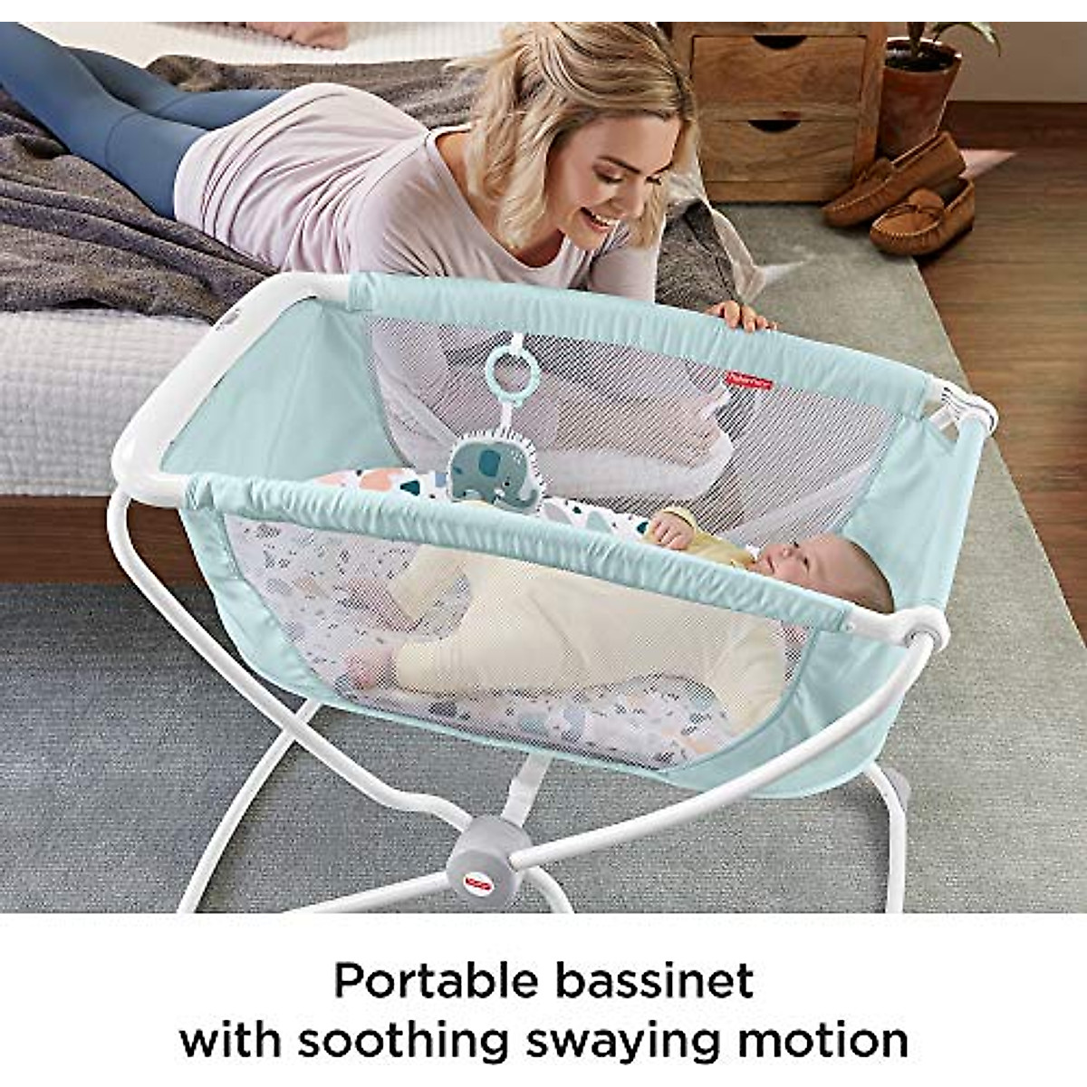 Fisher-Price Baby Crib Rock With Me Bassinet Portable Cradle With Mesh Sides And 1 Toy, Folds For Travel, Pacific Pebble