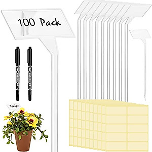 202 Pcs Large Plant Labels Kit, Include 100 Outdoor Plastic Plant T Type Tags Waterproof Reusable Plant Markers Stakes, 100 PET Films and 2 Marker Pens for Garden Herbs Flowers Pot (White, 11.8 Inch)