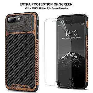 TENDLIN Compatible with iPhone 7 Plus Case/iPhone 8 Plus Case Wood Grain with Carbon Fiber Texture Design Leather Hybrid Slim Case Compatible with iPhone 7 Plus and iPhone 8 Plus (Carbon & Leather)