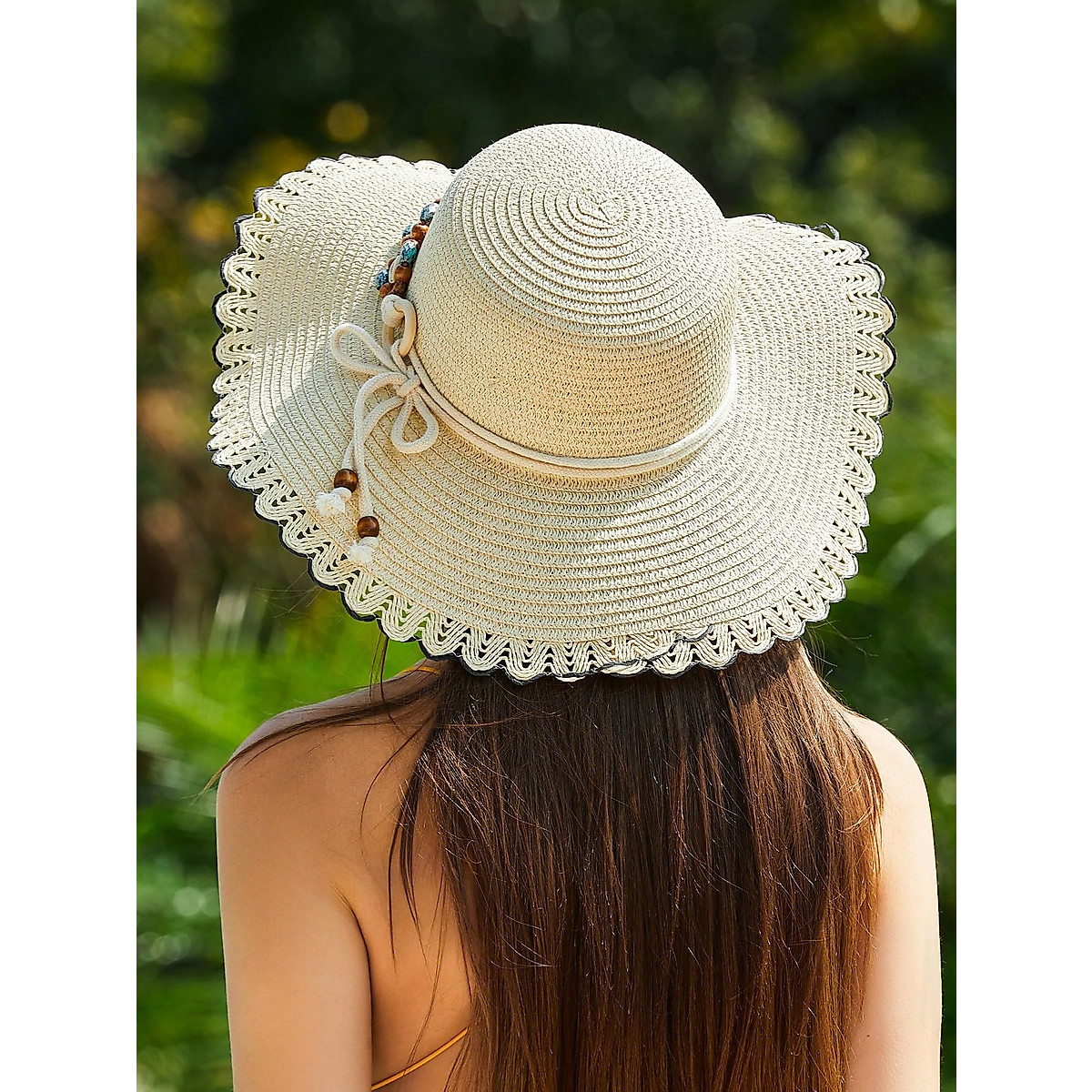 Verdusa Women's Scalloped Wide Brim Straw Sun Hats Boho Beaded Beach Hat Beige One-Size
