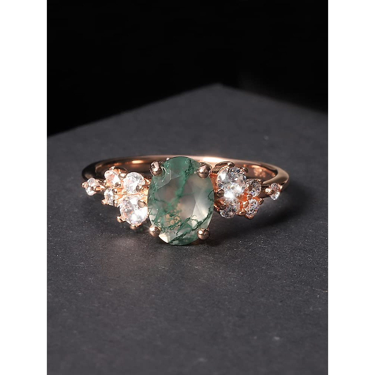 Gem's Beauty Birthday Gifts for Her 1.18CT Oval Cut Moss Agate There Stone Engagement Ring in 925 Sterling Silver Women's Gold Ring(Size10)