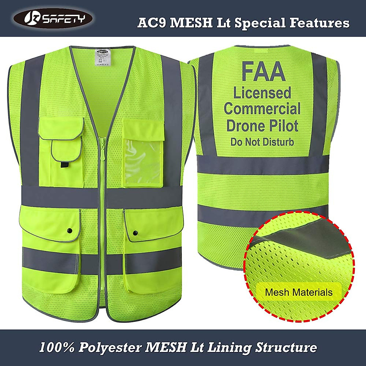 JKSafety 9 Pockets Class 2 High Visibility Zipper Front FAA Drone Pilot Safety Vest With Reflective Strips,HQ Breathable Mesh,Meets ANSI/ISEA Standards(210-Drone-Yellow XL)