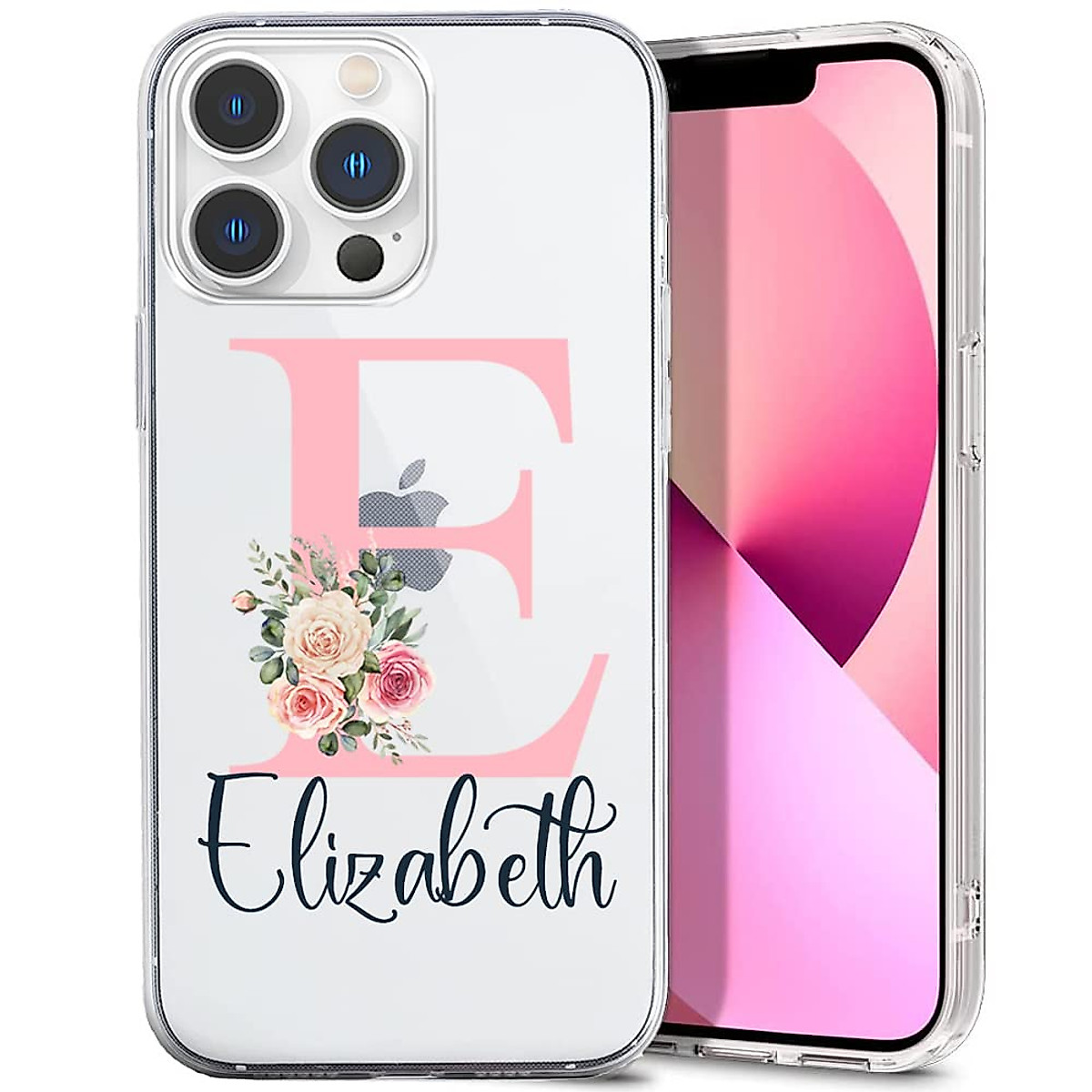 Personalized Name & Flower Initial Customized Phone Case, Custom Transparent Phone Cover Compatible iPhone 15 Pro 14 Plus 13 Pro Max 12 11 XR (Pink)