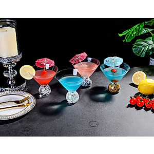 Dounx Set of 4 Stemless Martini Glasses, 8oz Margarita Glasses for Men and Women, Ultra-Thin Rim, Lead-Free Glass, Silver Rhinestone-Filled Spherical Base, Reusable