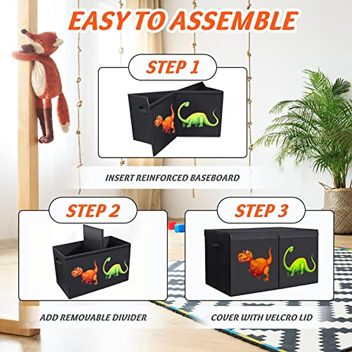 ANNKIE 2PCS Toy Box,Toy Box for Boys,Toy Chest for Kids,Collapsible Sturdy Toy Storage with Lid & Handles,Toy Organizers and Storage for Nursery,Playroom(Dinosaur) 26.8" x 13.8" x 16"