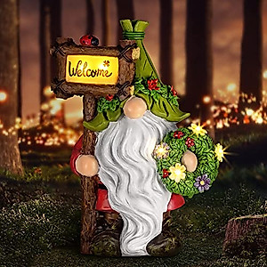 Grovind Solar Garden Gnomes Statue Gnomes Garden Decoration Outdoor Clearance, Solar Gnome Decor with Welcome Sign & LED Lights for Patio Porch Lawn, Outdoor Gnomes Figurines Gift for Women