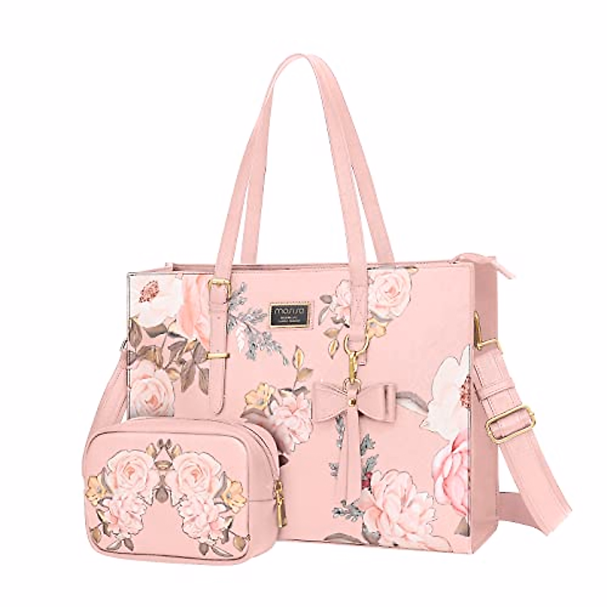 MOSISO Laptop Tote Bag Compatible with MacBook Air 15 inch M2 A2941/Pro 16 M3 M2 M1, 15-15.6 inch Notebook, Peony PU Leather Travel Work Briefcase with Detachable Bowknot & Small Purse, Pink