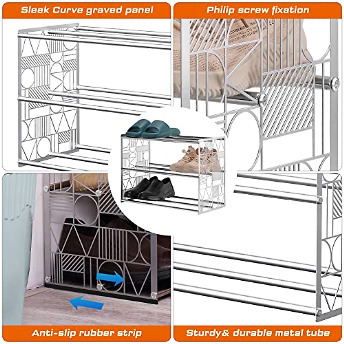 NiHome Silver 3-Tier Shoe Rack - Geometric Patterned Multi-Layered Organizer for Small Spaces with 6 Pair Storage Capacity, Ideal for Closets, Hallways, Entryways, Living Rooms and Bedrooms