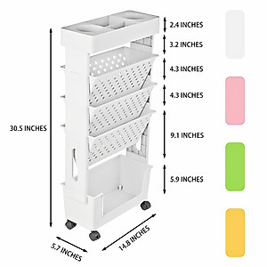 YEMUNY 5 Tier Rolling Utility Cart Multi-Functional Movable Storage Book Shelves with Lockable Casters for Study Office Kitchen Classroom, White