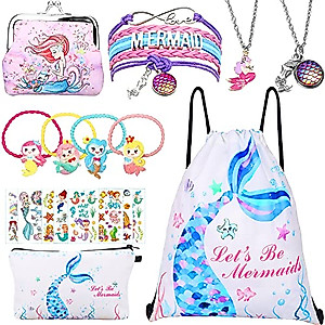 RHCPFOVR Mermaid Gifts for Girls - Drawstring Backpack,Makeup Bag,Bracelet,Necklace for Party Favors