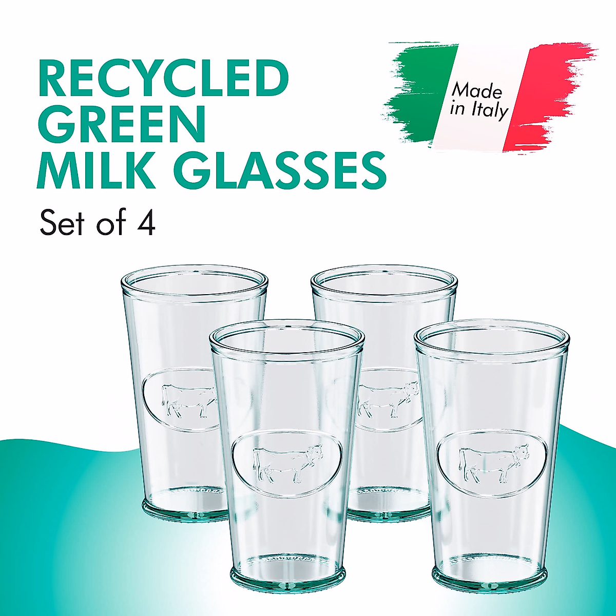 Amici Home Milk Glass | 11 Oz | Italian Made, Clear Recycled Glass with Green Tint | Cute Glass with Cow Motif for Milk, Water, Juice, Cocktails, Fresh Drinks (Set of 4)