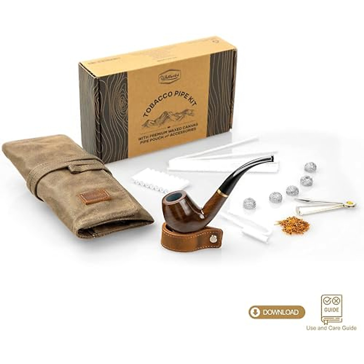 Whitluck's Tobacco Pipe with Waxed Canvas Pipe Roll, Handmade Wood Smoking Pipe with Ultimate Beginner Guide E-Book, Travel Tobacco Pouch - Smoking Gift Set and Accessories