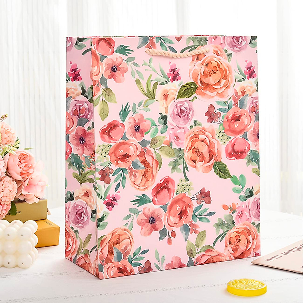 Elephant-package 12.6" Large Flower Gift Bag with Tissue Paper and greeting card, for Girls Women Birthday Gift Packing, Mothers Day, Valentine's Day, Bridal Shower, (Pink Rose)