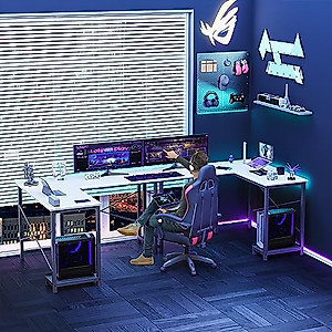 Sweetcrispy L Shaped Gaming Desk, Computer Desk Corner Desks PC Gaming Desk Table with CPU Stand Side Bag for Home Office Dorm Sturdy Writing Workstation, White, 50 Inch