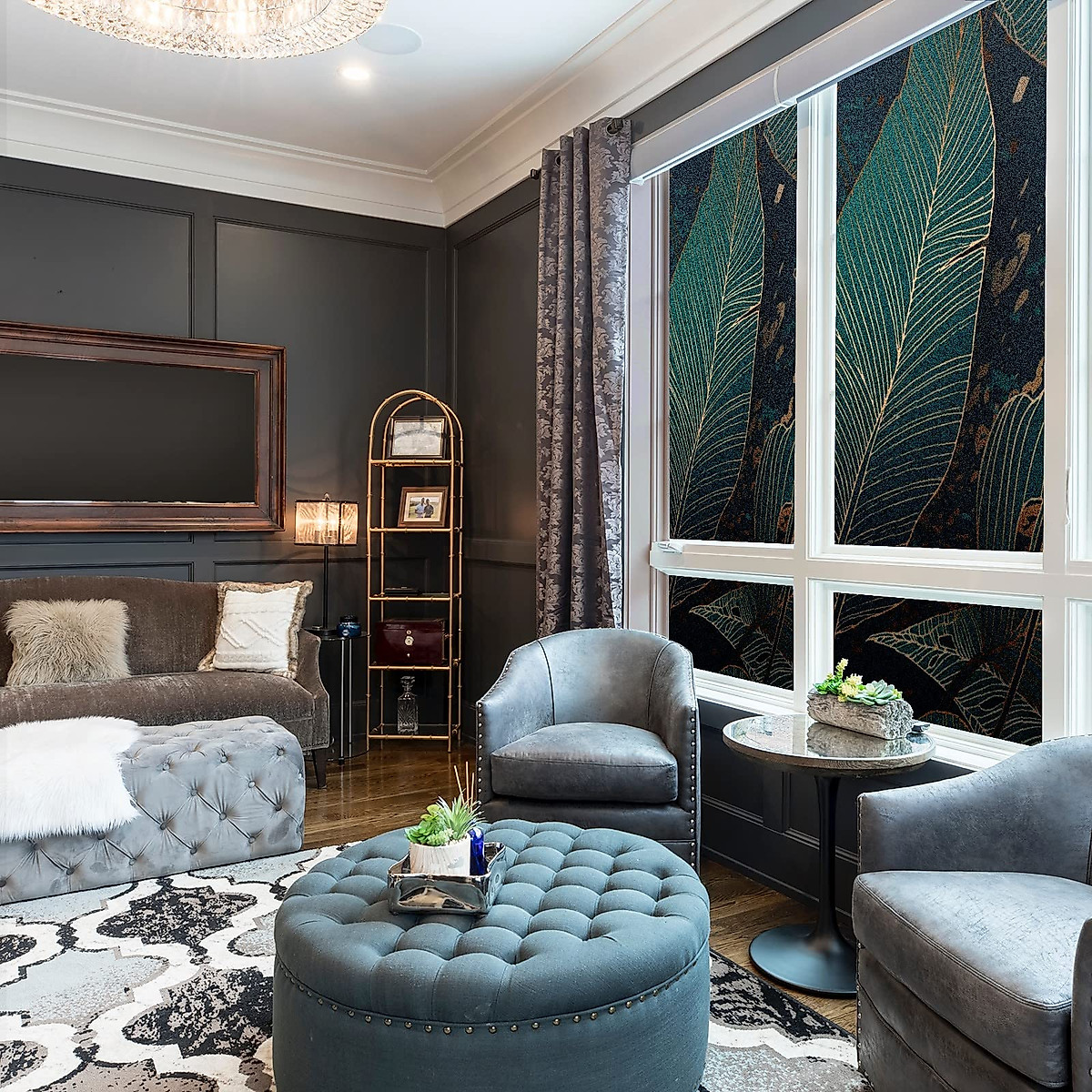 BoeHiop Window Privacy Film, Luxury Gold Green Palm Leaves Frosted Window Clings, Decorative Glass Covering Decals, Non-Adhesive Vinyl, 17.7 x 23.6 in