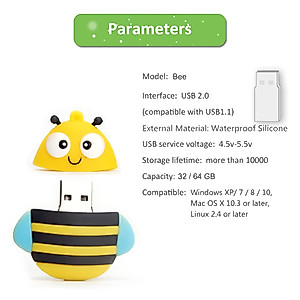 32GB USB Flash Drive Bee-Shaped, BorlterClamp Cute USB Drive Thumb Drive Memory Stick for External Data Storage