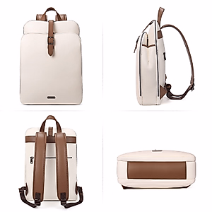 CLUCI Leather Laptop Backpack for Women 15.6 inch Computer Backpack Purse Travel Backpack Work Bag Daypack Beige With Brown