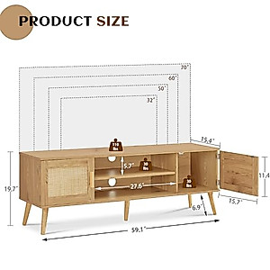 Iwell Boho Rattan TV Stand for 70 inch TV, Large TV Console, Entertainment Center with Adjustable Shelf and 2 Cabinets, Mid Century Modern TV Stands for Living Room, Bedroom, Natural