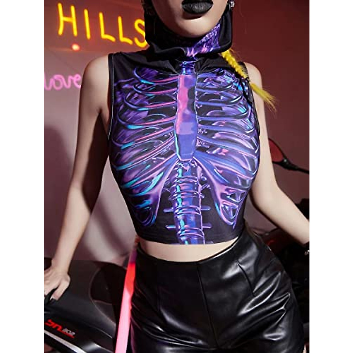 LANSHULAN Gothic Skeleton Print Hooded Crop Top