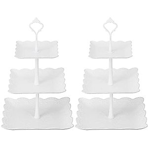 2 Set of 3-Tier Plastic Cupcake Stand Dessert Plates Mini Cakes Fruit Candy Display Tower White for Kids Birthday Tea Party Baby Shower Serving Tray, Square