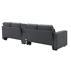 Ball & Cast 114.2" Linen Upholstered Sofa with Consoleand 2 USB Ports Wired or Wirelessly Charged,Modern 4-Seat Couches W/ 4 Pillows and Two Cupholders,for Living Room,Apartment,Dark Grey