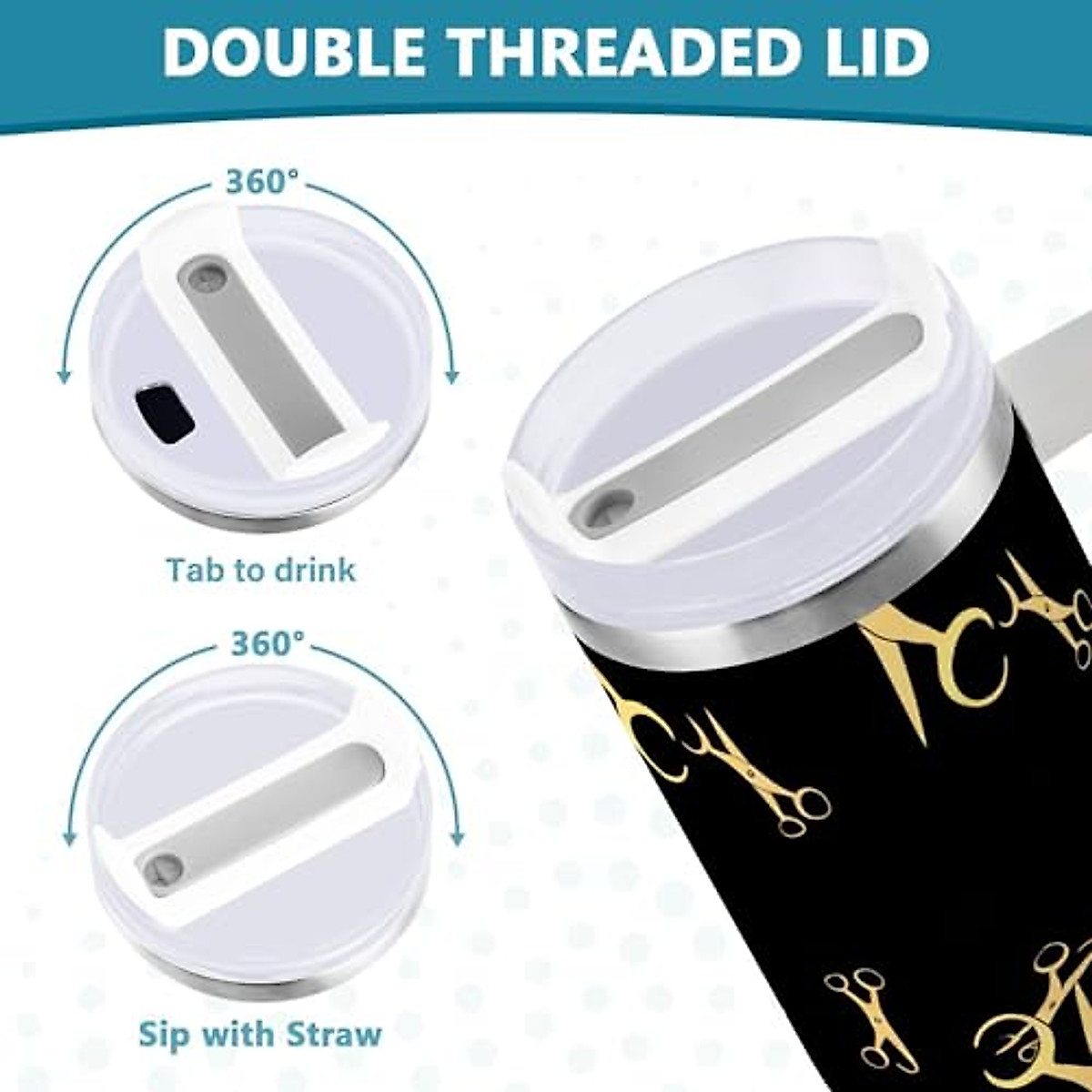 RPLIFE Elegant Cartoon Golden Scissors Black 40 Oz Tumbler with Handle, 30 Oz Tumbler, Tumbler for Men