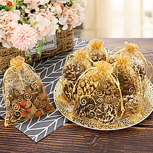 Staruby Organza Gift Bags 100Pcs Gold Sheer Organza Bag 5x7 Inch Mesh Favor Bags Drawstring Jewelry Rattan Printed Gift Pouches for Wedding Party Favors Baby Shower Christmas Gifts Candy Bags