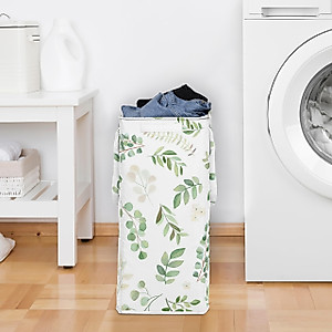Sweet Jojo Designs Green Boho Floral Leaf Boy Girl Gender Neutral Laundry Hamper Foldable Dirty Clothes Basket with Handles Baby Nursery Kids Bedroom Teen Bathroom White Bohemian Watercolor Botanical