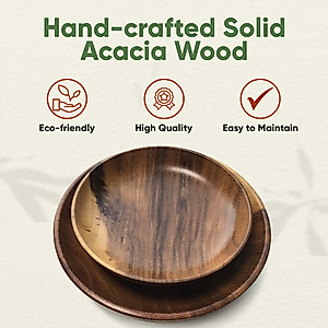 Wooden Bowls set of 2: 8'' Shallow Pasta Bowl and 6'' Dessert/Side Dish Shallow Wood Bowl for Food, Snack & Fruit: Hand-Crafted from Solid Acacia Wood | 100% Organic Packaging