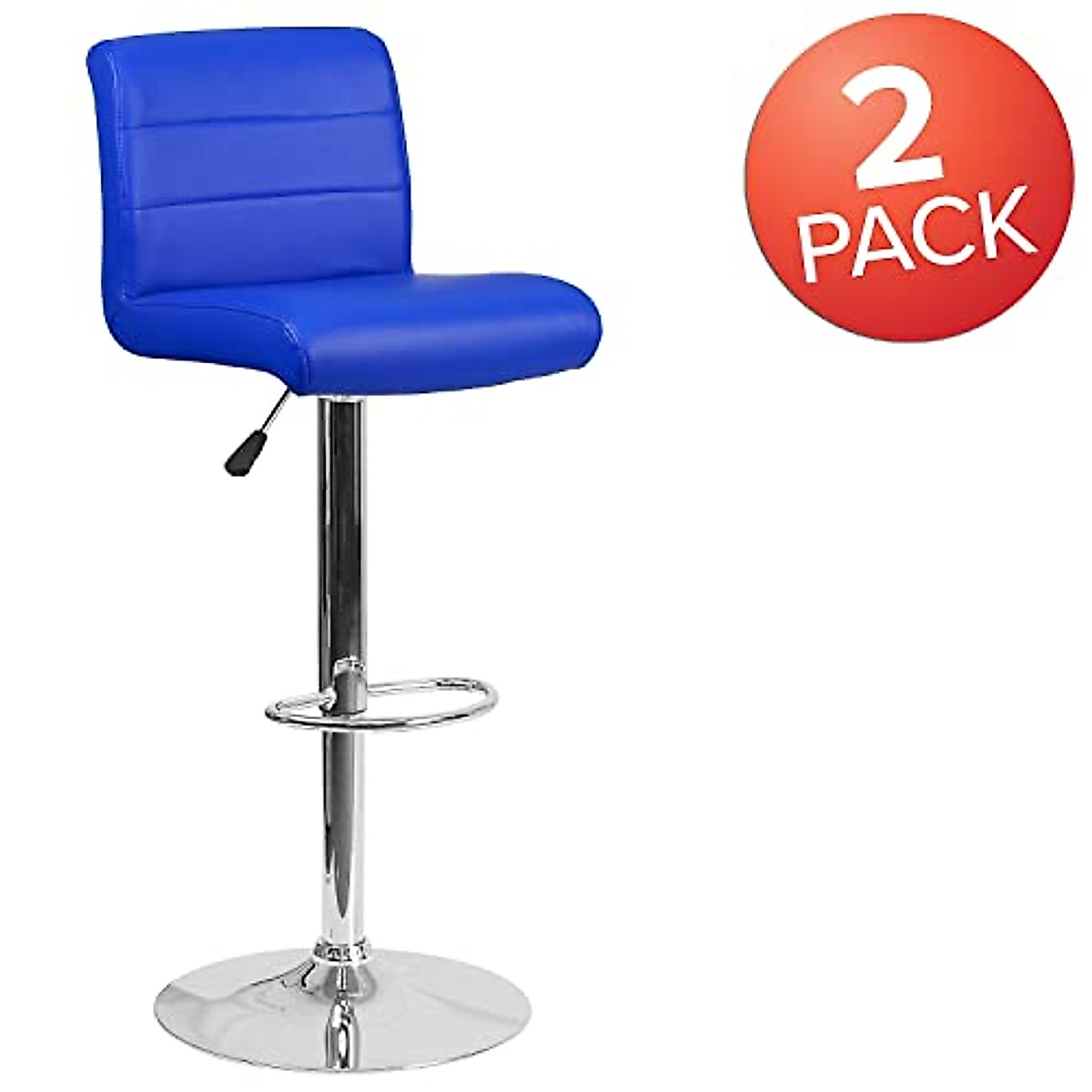 Flash Furniture Marietta 2 Pk. Contemporary Blue Vinyl Adjustable Height Barstool with Rolled Seat and Chrome Base