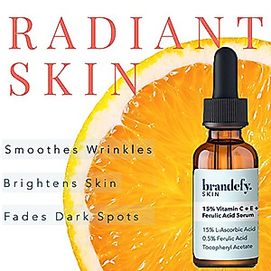 Brandefy Vitamin C Serum 15% L. Ascorbic Acid, Ferulic Acid .5% + Vitamin E, Self Care, Beauty Face Serum - Dark Spot Corrector, Anti Aging Face Care 1oz.