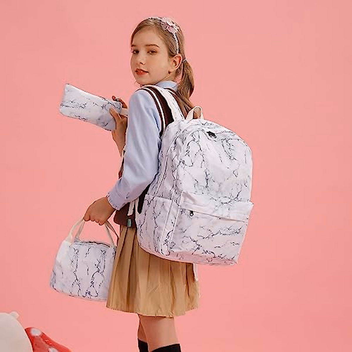 Createy School Backpack for Girls Kids Backpack with Lunch Box Pencil Case Lightweight Marble Prints Backpack Primary Elementary Students Bookbags School Bags Set for Teens