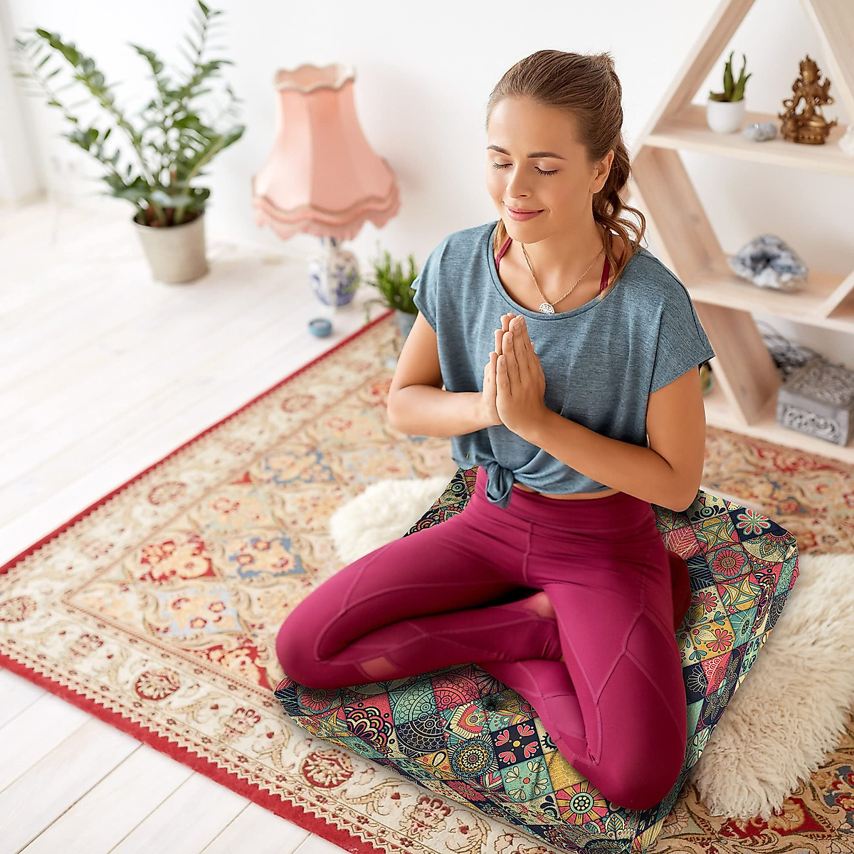 Mandala Meditation Cushion, Boho Meditation Mat, Meditation Pillows for Sitting on Floor, Cushions for Sitting in Home and Outdoor, Square Floor Pillows Cushion Seating for Yoga 22'' X 22''