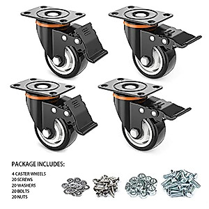 3” Caster Wheels,Set of 4,Heavy Duty Swivel Casters with Brake, Safety Dual Locking and No Noise Polyurethane (PU) Wheels,Swivel Plate Castors(TWO HARDWARE KITS for Free)
