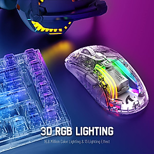 Wireless Gaming Mouse PC Transparent Shell Computer Mice with Dual mode BT5.0/2.4G,PixArt Chip 3D RGB Lighting,Ergonomic 7 Buttons,Rechargeable Mute Mouse for PC Laptop Tablet PS4 PS5 Xbox one