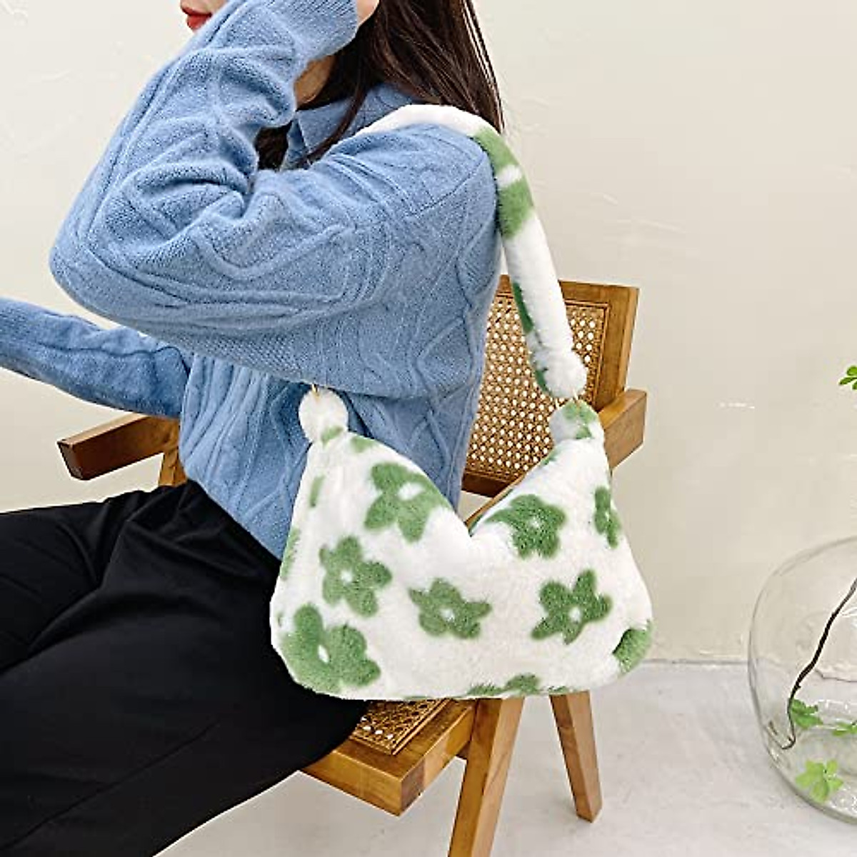 Fluffy Tote Bag Y2K Green Flower Plush Underarm Bag for Women Furry Shoulder Bag Faux Fur Tote Purse for Autumn Winter