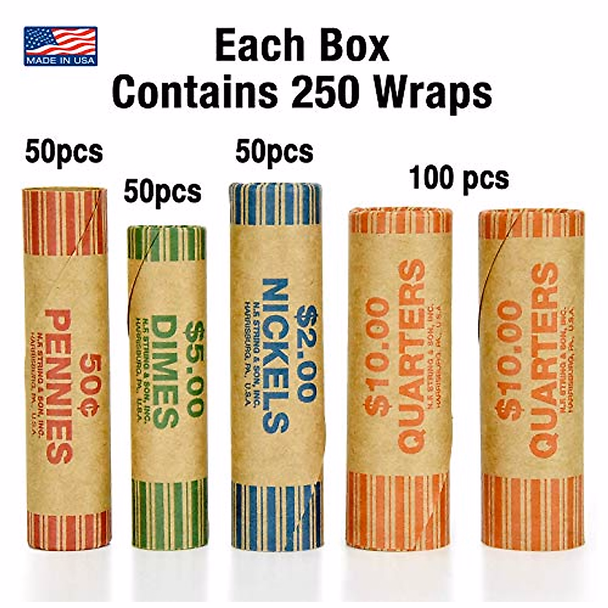 250 Coin Wrappers - Assorted Sizes - 100 Quarters, 50 Pennies, 50 Nickels and 50 Dimes - Made in USA - Durable Preformed Paper Tubes