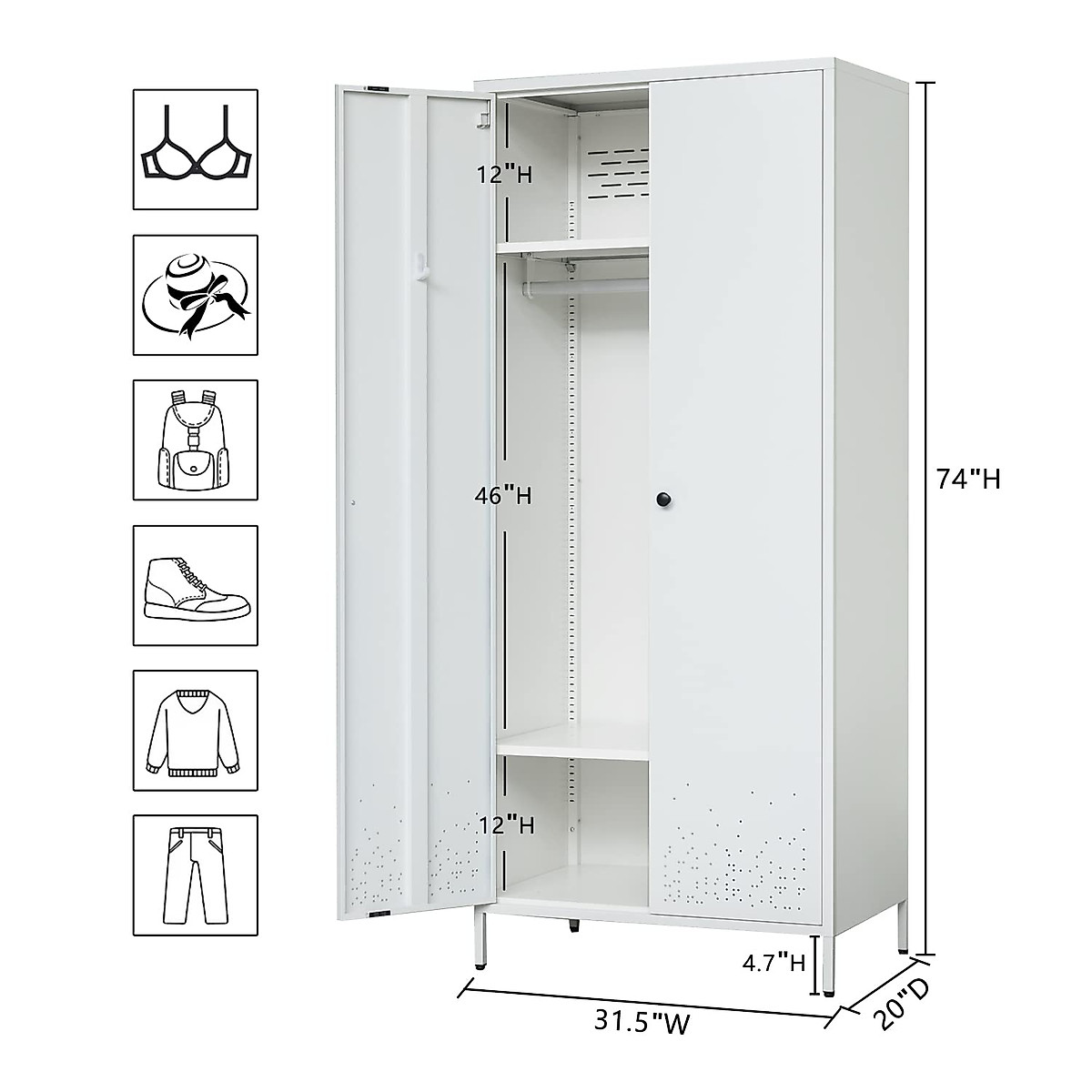 CJF Storage Cabinet, Metal Wardrobe Armoire Closet with Hanging Rod for Bedroom, Laundry Room(White)