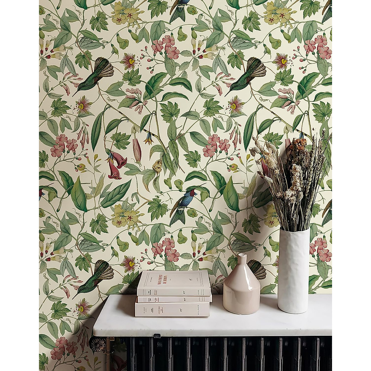 JiffDiff Peel and Stick Wallpaper Floral, Hummingbird Green Wallpaper Self Adhesive Wallpaper for Home Bedroom Cabinets and Kitchen Countertop 17.71"x118" Thicken