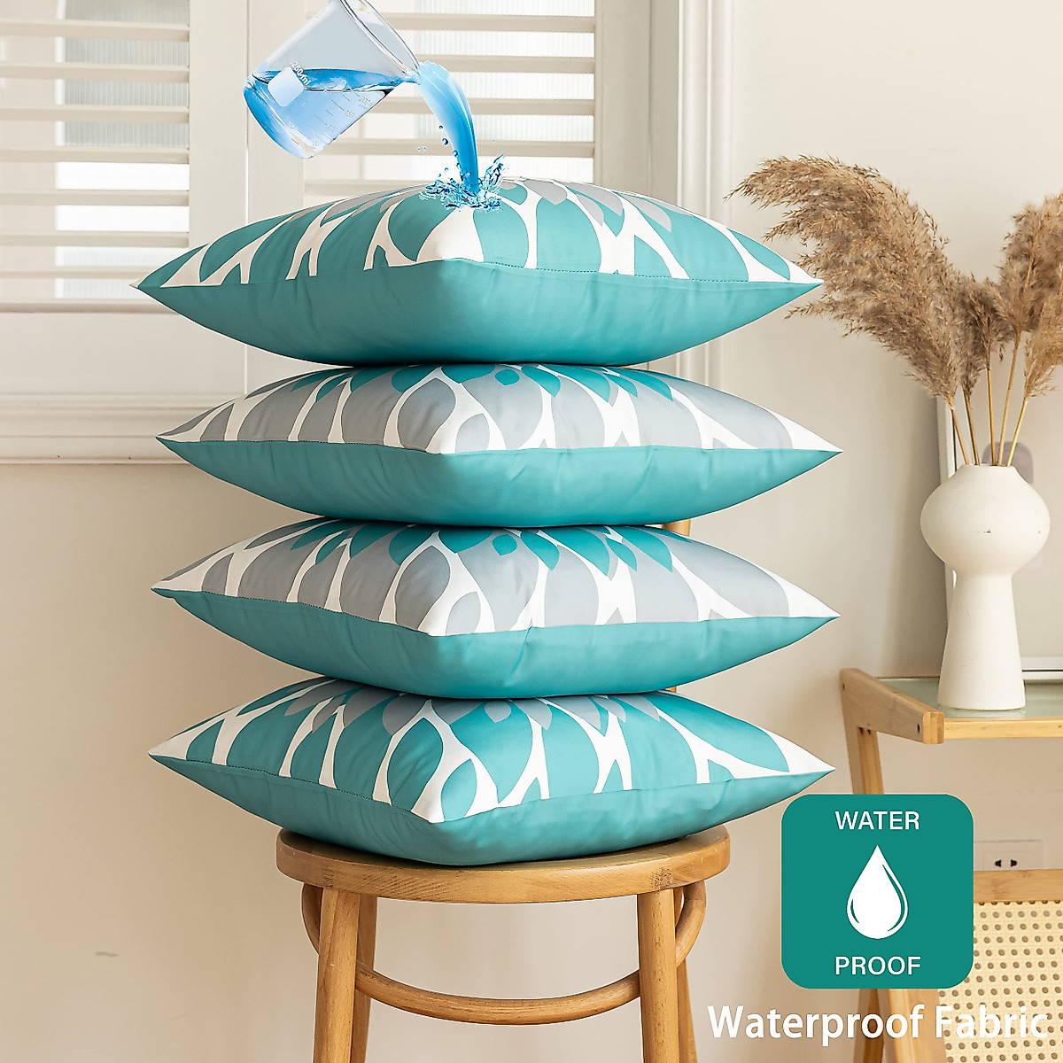 Qahing Pack of 4 Outdoor Waterproof Pillow Covers 24x24 Decorative Outdoor Throw Pillows Garden Square Cushion Cases for Patio Furniture, Couch, Tent Sunbrella, Bench, Teal Turquoise Grey