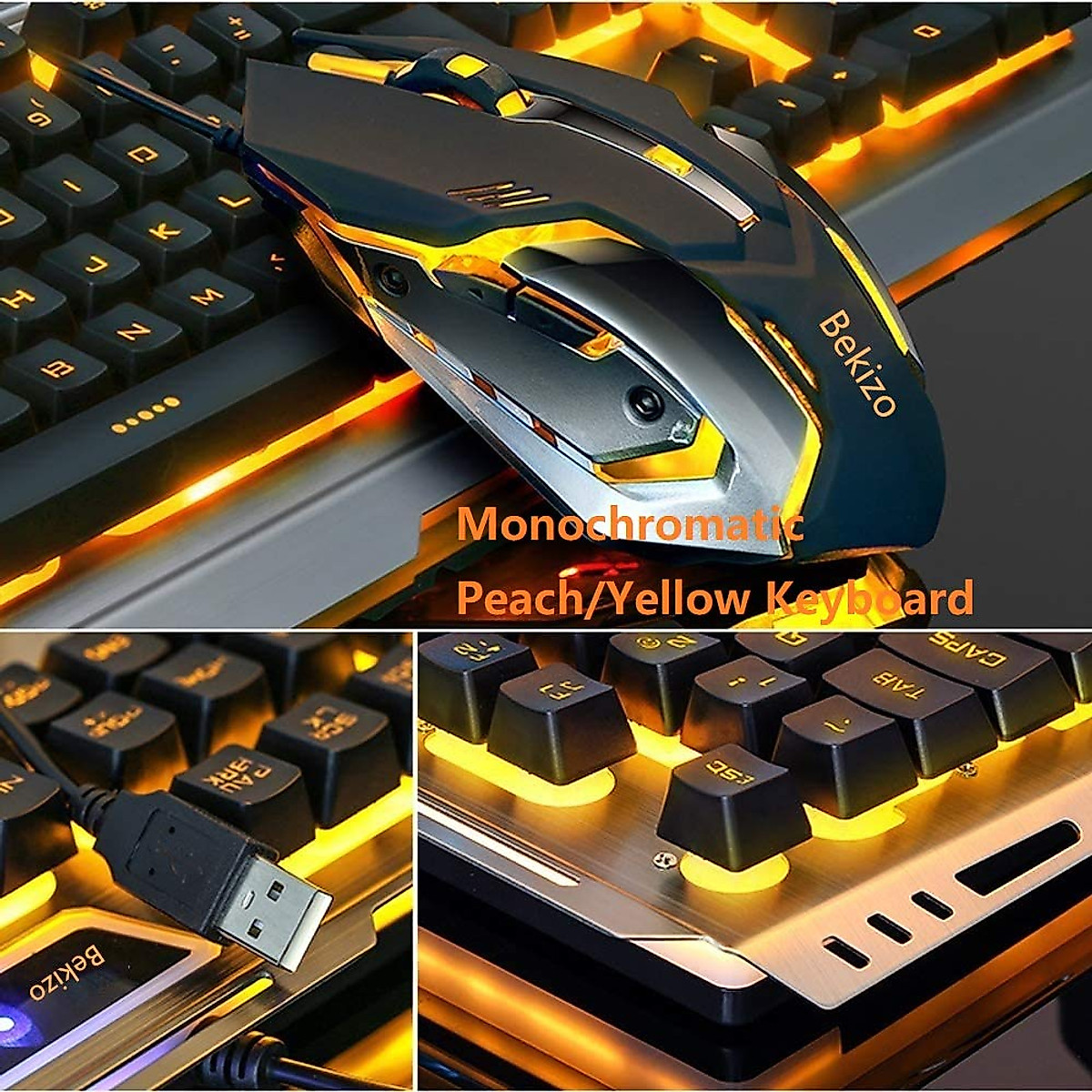 White Gaming Keyboard Mouse Combo,Membrane Keyboard RGB Color Changing Lighted Keyboard,PC Keyboard Computer Backlight USB Keyboard,Wired Gaming Keyboard,Gold Metal Frame,for Xbox One PS4 Game Gamer