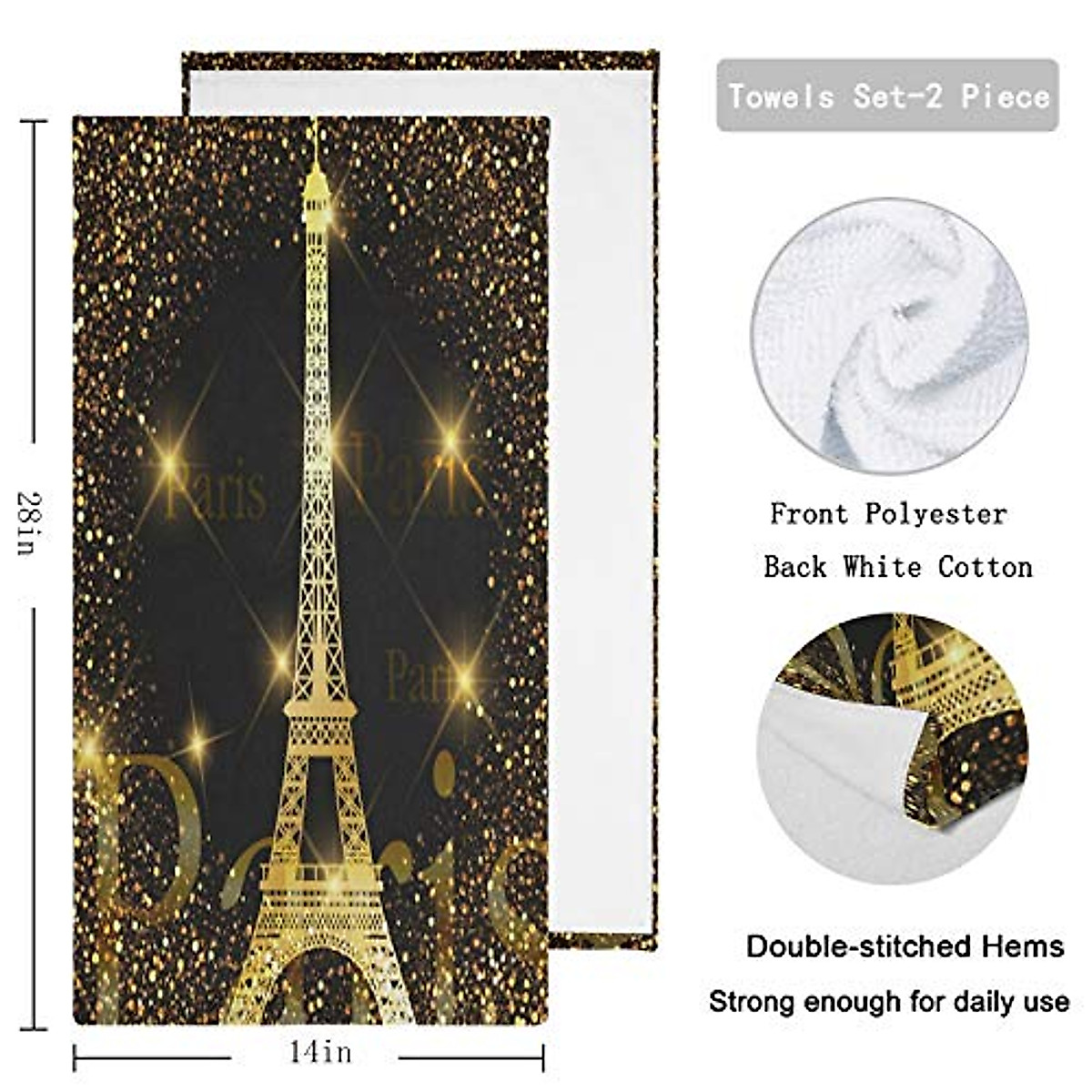 Naanle Chic Gold Glittering Eiffel Tower Paris Print Luxury 2 Piece Soft Fluffy Guest Decor Hand Towels, Multipurpose for Bathroom, Hotel, Gym and Spa (14" x 28",Black)