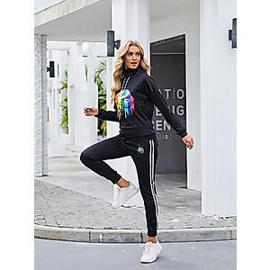 Angsuttc Womens Casual 2 Piece Outfits Lip Print Long Sleeve Pullover Sweatshirt Jogging Pants Tracksuits Set Black XL