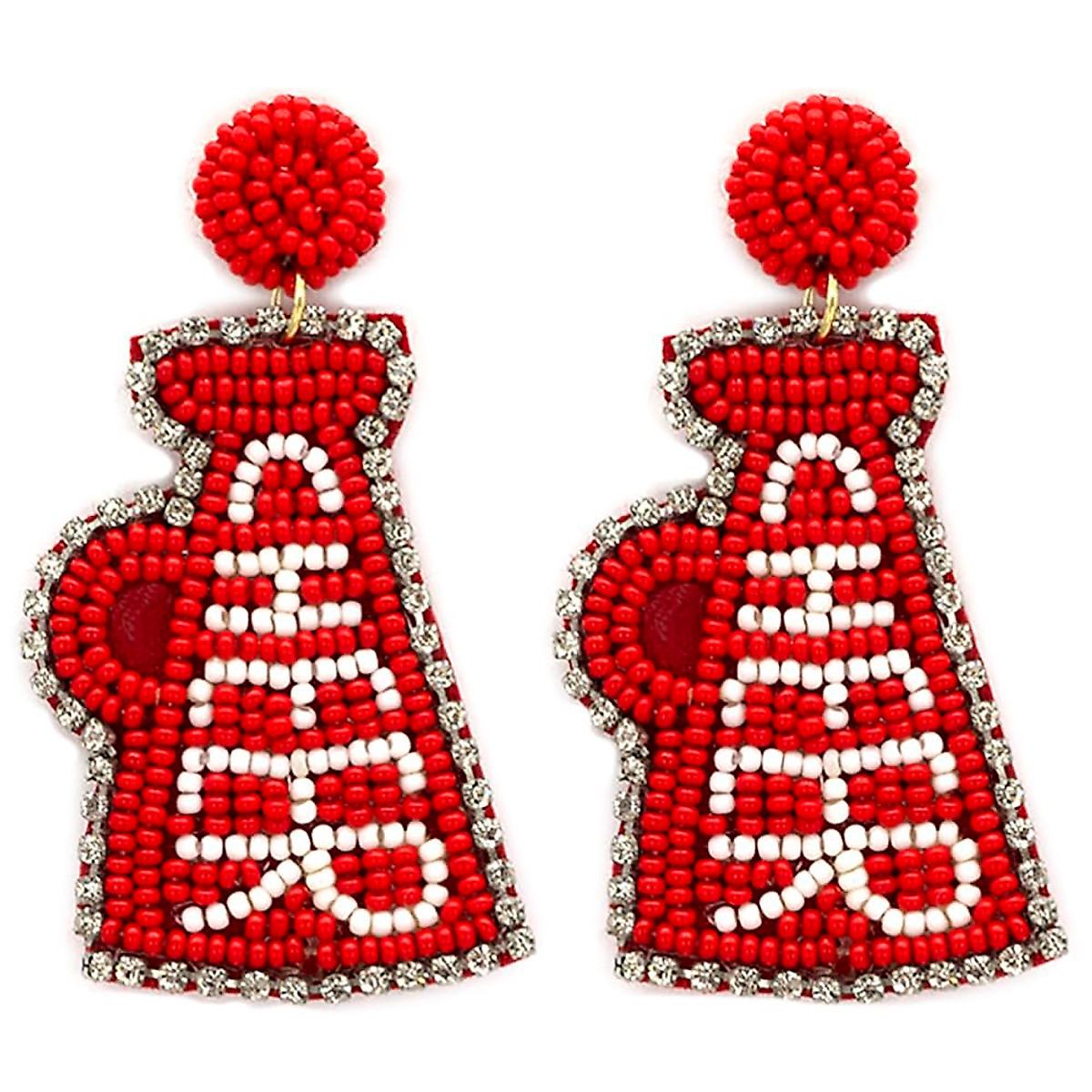 Emulily Beaded Cheer Football Post Earrings Handmade Cheer Football Earrings College Sport Gameday (Red/White)