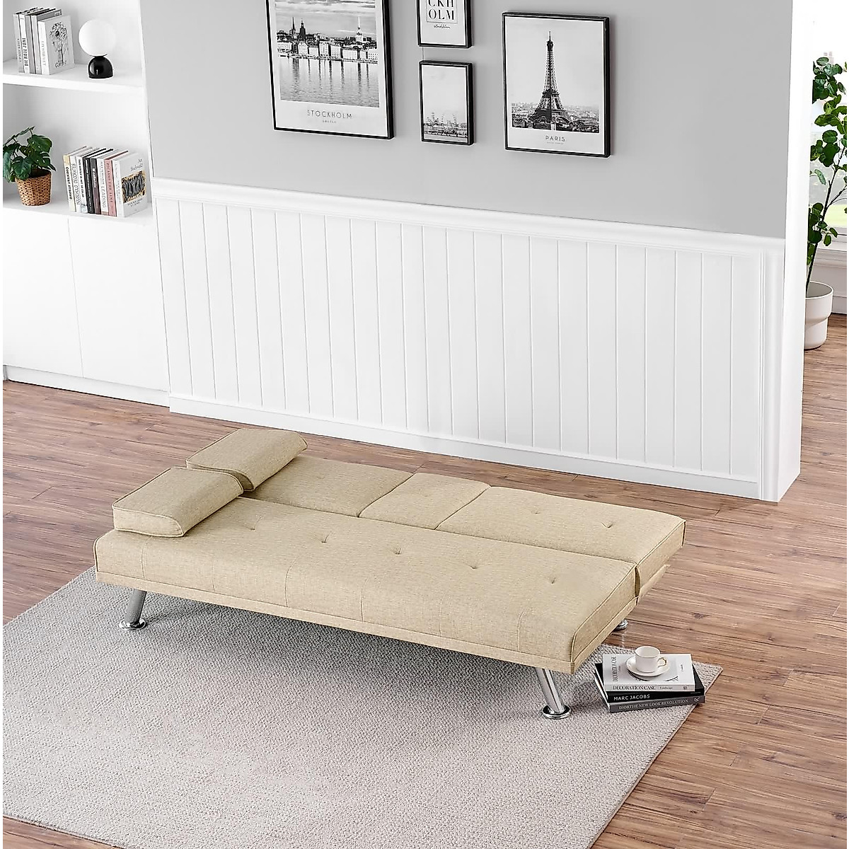 Daesar 67" Beige Leather Multifunctional Double Folding Sofa Bed for Office with Coffee Table