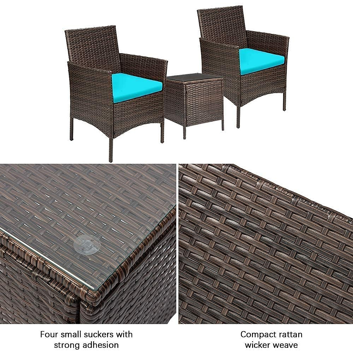 Devoko Patio Porch Furniture Sets 3 Pieces PE Rattan Wicker Chairs with Table Outdoor Garden Furniture Sets (Brown/Blue)