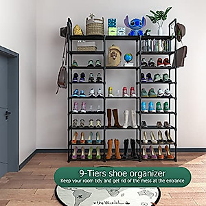 TDFERAN 9-Tier Shoe Rack, Large Shoe Organizer for Closet with Side Hooks, 50-55 Pairs Shoe and Boots Space Saving Free Standing Stackable Metal Shoe Rack Storage for Entryway Hallway Bedroom